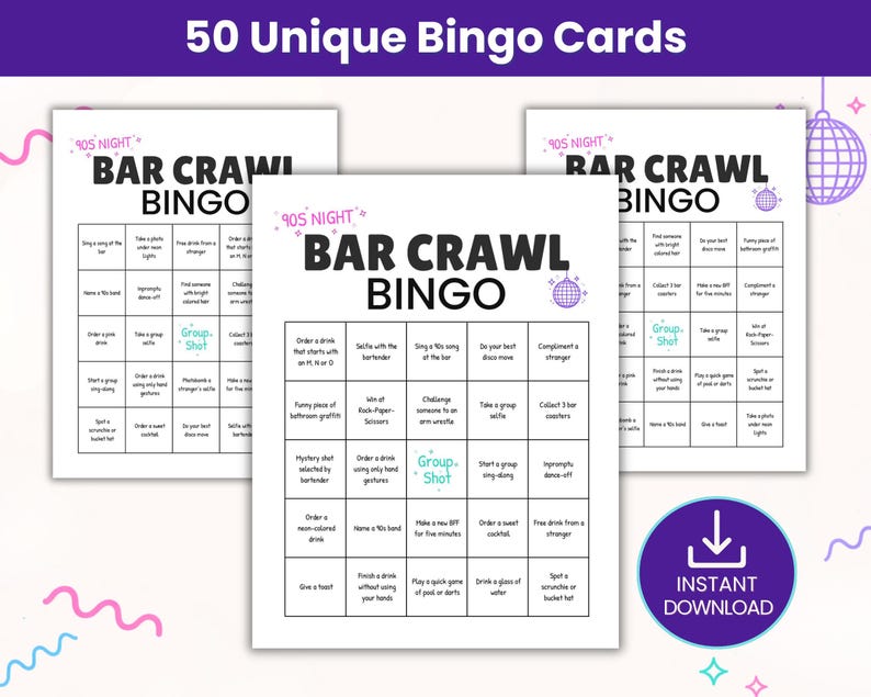 90s Bar Crawl Bingo Game, 90s Party Game, Retro Drinking Game for ...