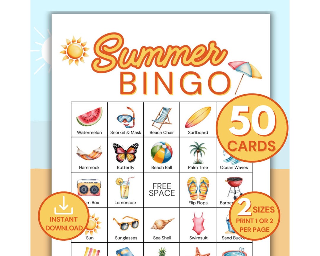 Summer Bingo, 50 Printable Summer Bingo Cards, Beach Party Bingo Game ...