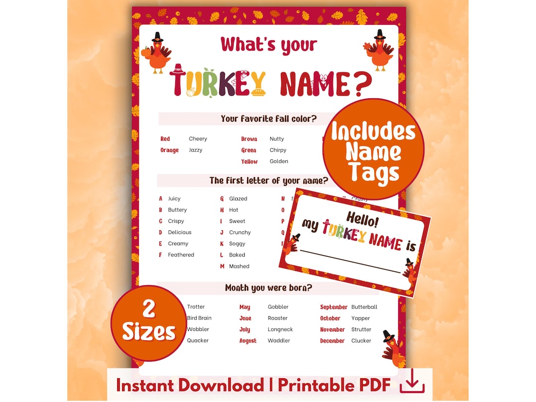 What's Your Turkey Name Game With Name Tags and Sign, Printable ...
