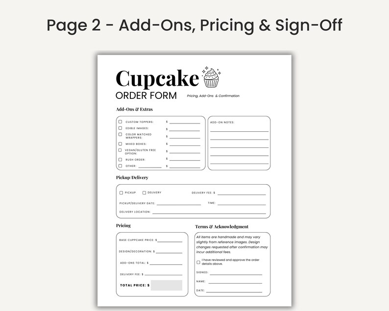 Cupcake Order Form Editable Template, Custom Cupcake Planner for Bakers ...