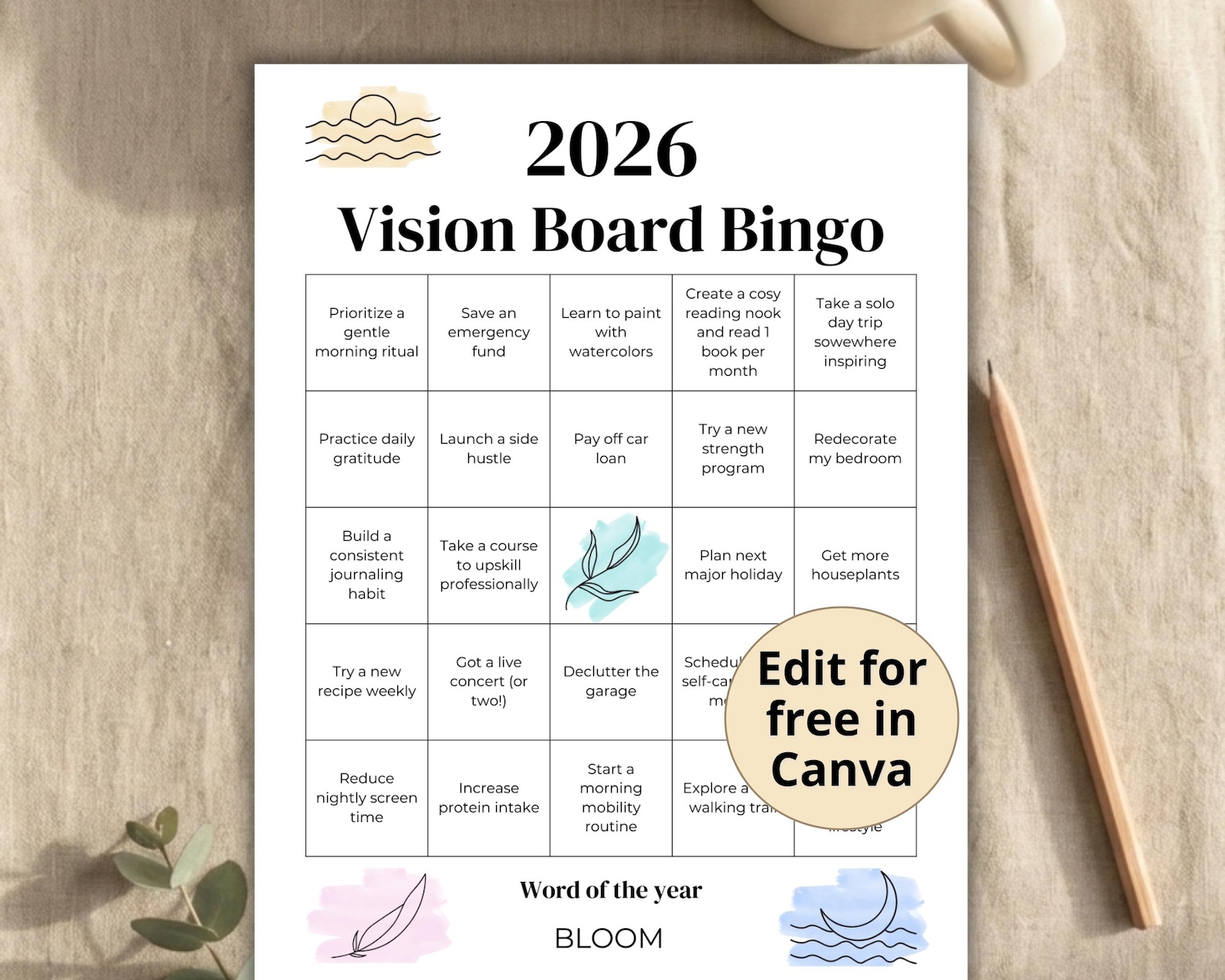 Editable 2026 Vision Board Bingo Template, 2026 Bingo Card, New Year ...