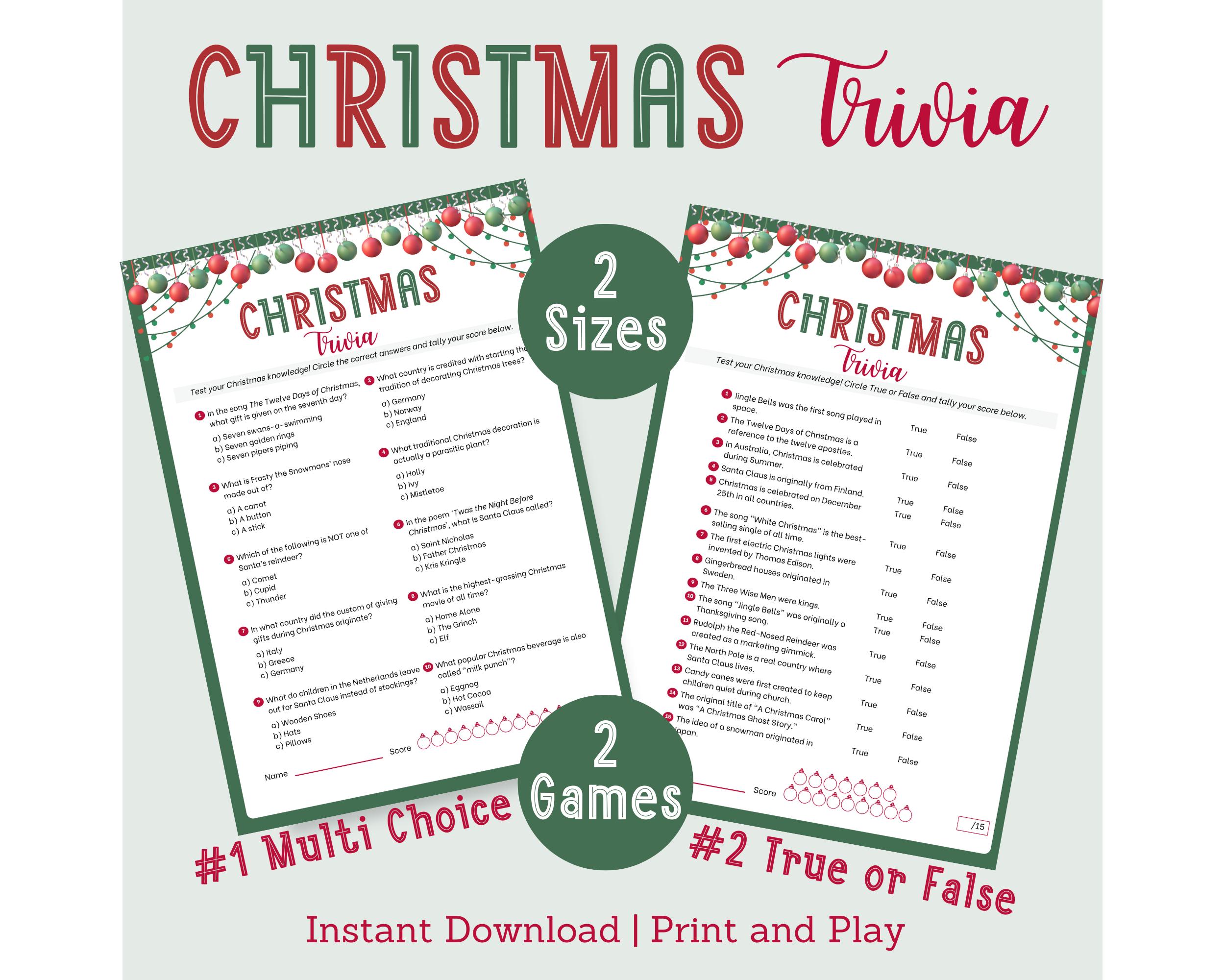 Christmas Trivia Game - Fun Printable Christmas Holiday Party Game and ...