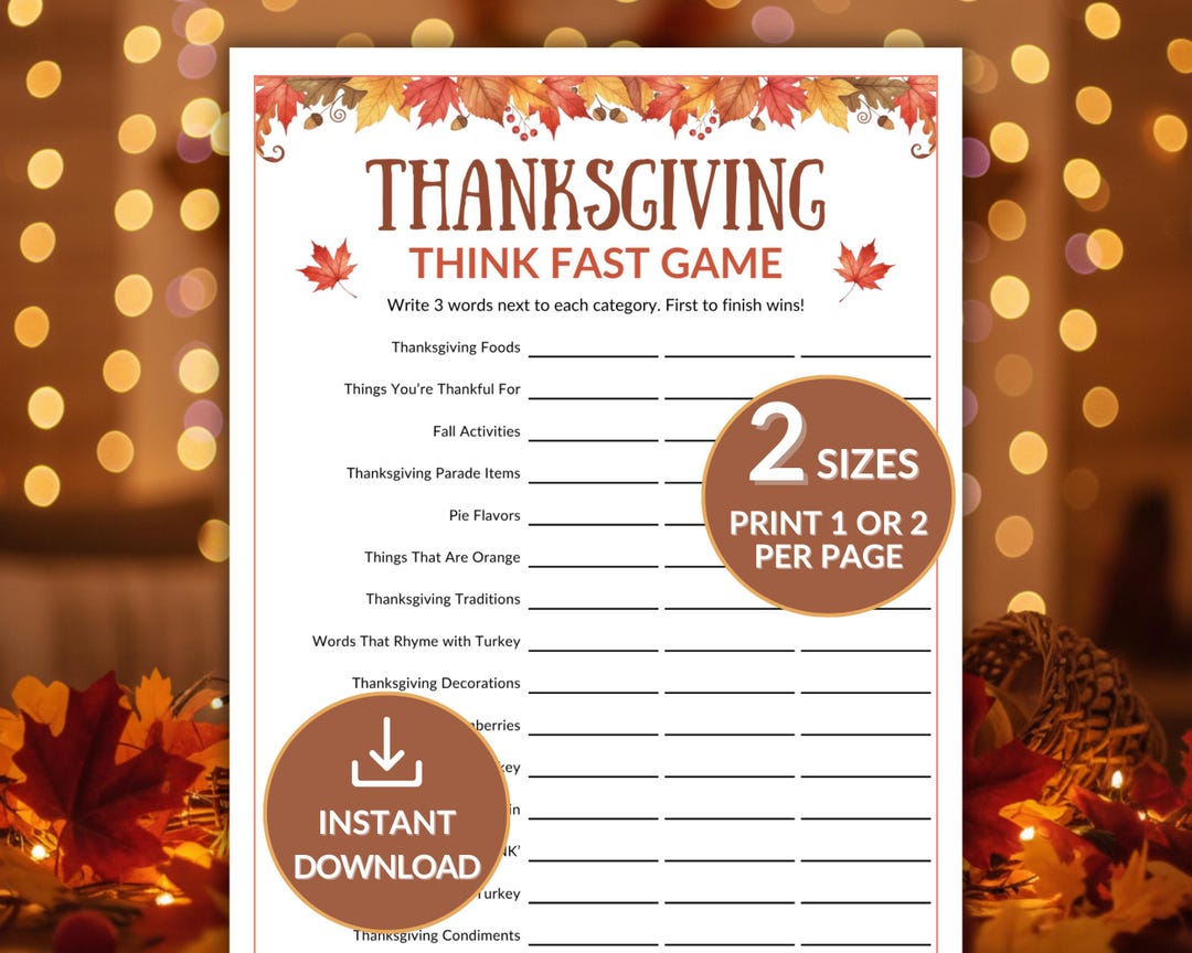 Thanksgiving Think Fast Games, Printable Friendsgiving Party Game ...