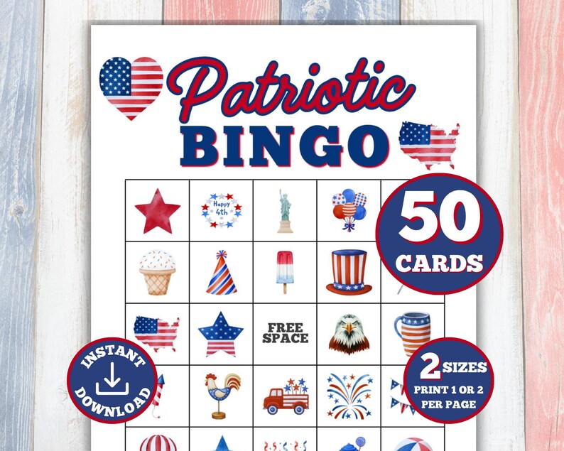 Patriotic Bingo, 50 Printable Patriotic Bingo Cards, 4th of July Bingo ...