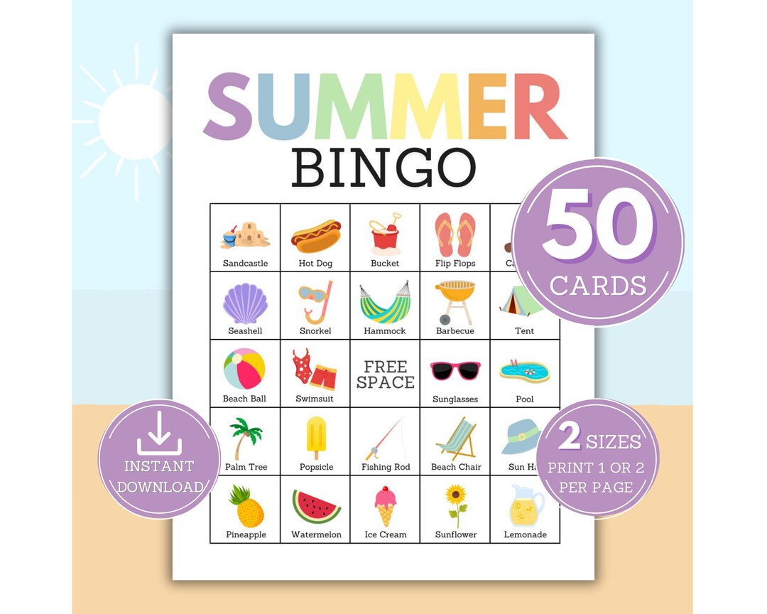 Summer Bingo, 50 Printable Summer Bingo Cards, Summer Family Bingo Game ...
