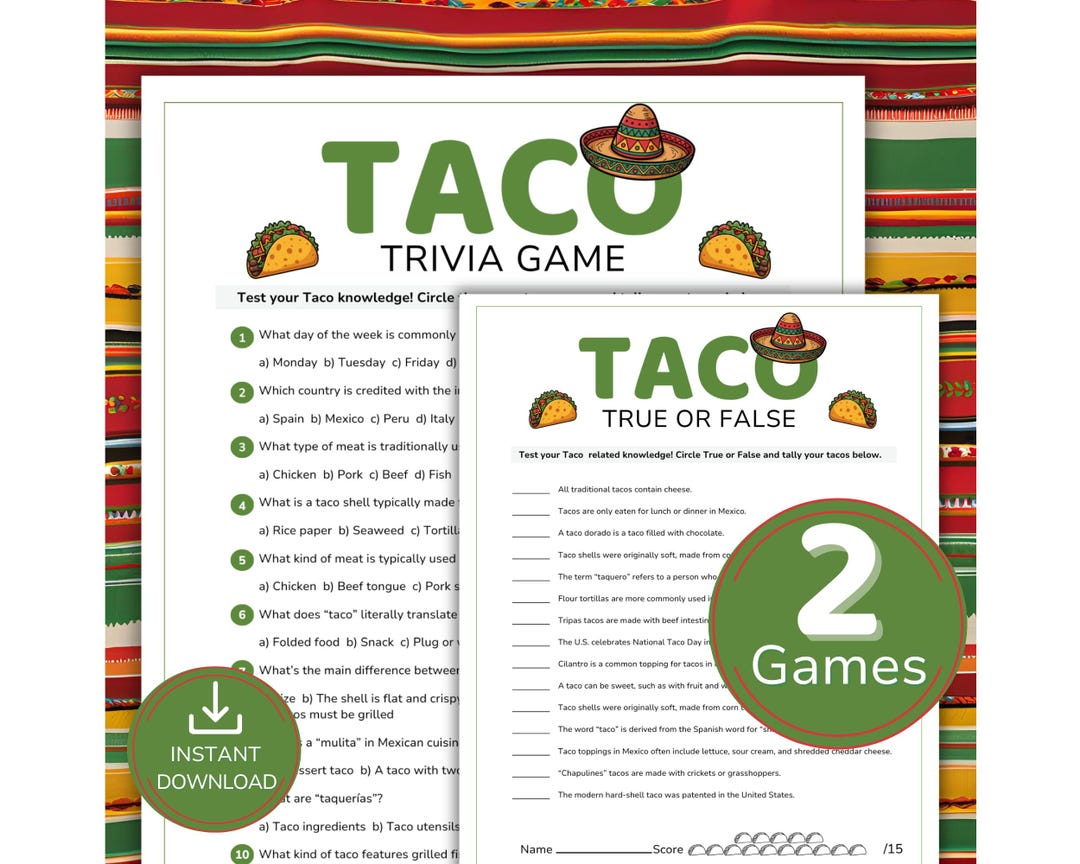Taco Trivia Game, Printable Taco Tuesday Quiz, Fun Taco Party Game ...