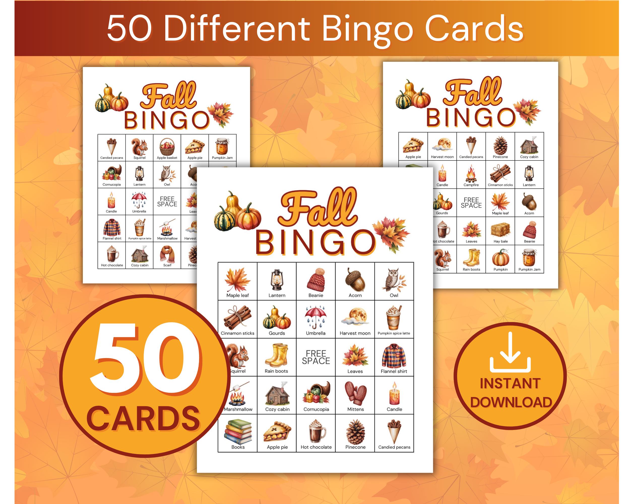 Fall Bingo Game: 50 Printable Bingo Cards, Autumn Party Activity ...