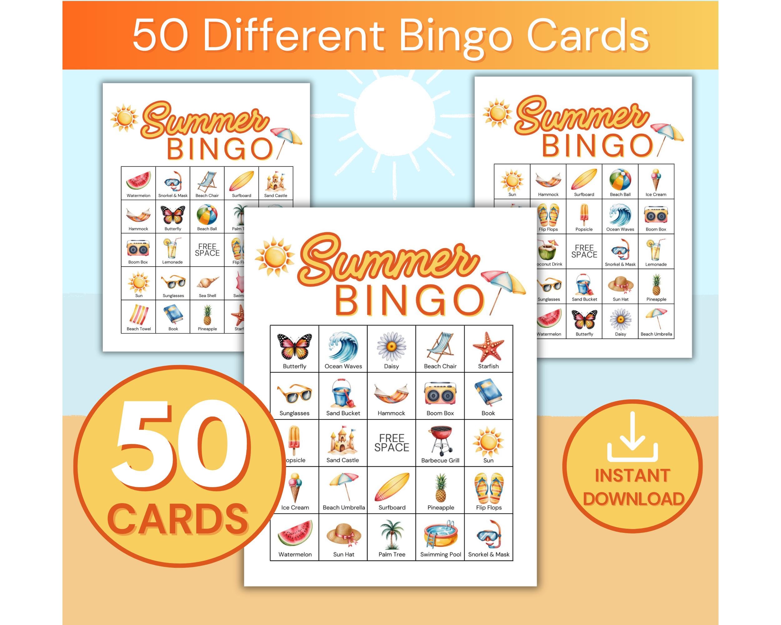 Summer Bingo, 50 Printable Summer Bingo Cards, Beach Party Bingo Game ...