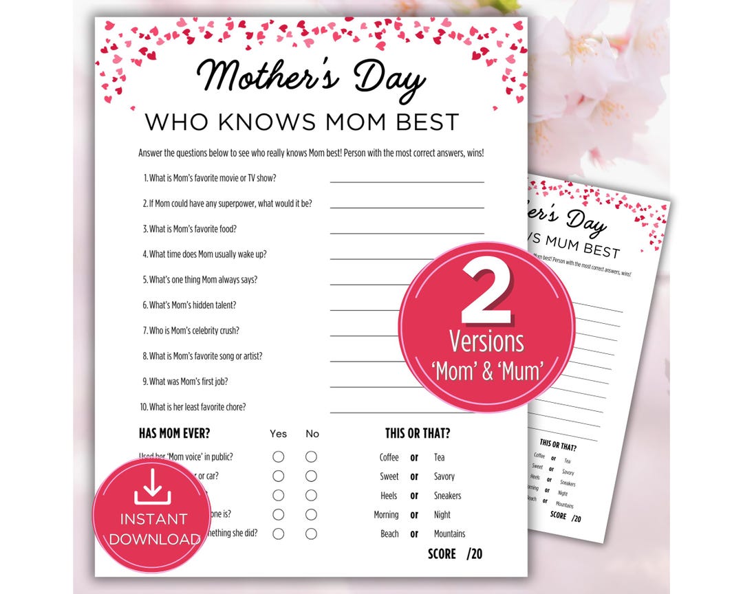 Who Knows Mom Best Game, Printable Mother's Day Party Game, Mother's ...
