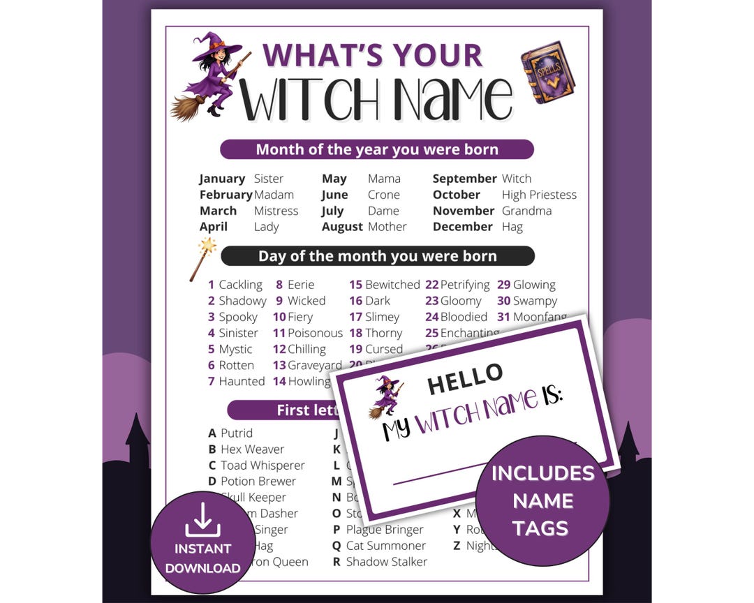 What's Your Witch Name Game With Nametags and Sign, Printable Halloween ...