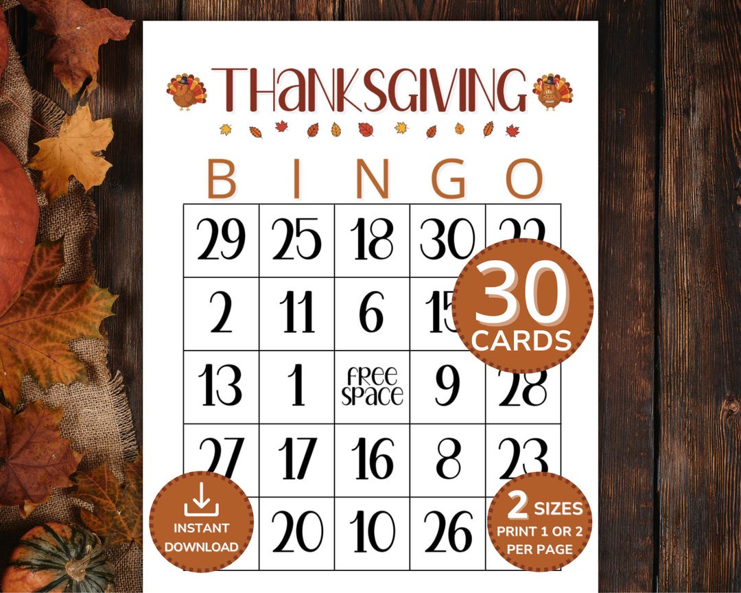 Thanksgiving Bingo Game, 30 Printable Thanksgiving Bingo Cards ...