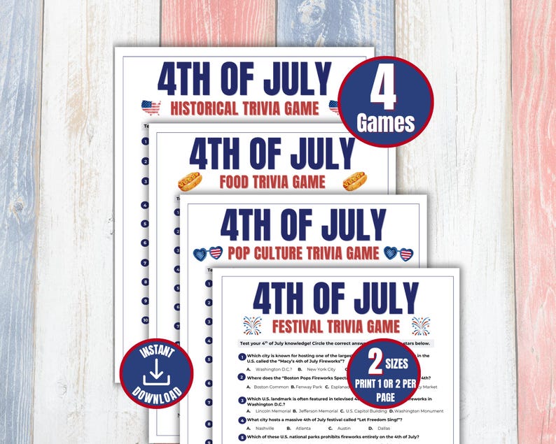 4th of July Trivia Game Bundle, Printable Independence Day Games ...
