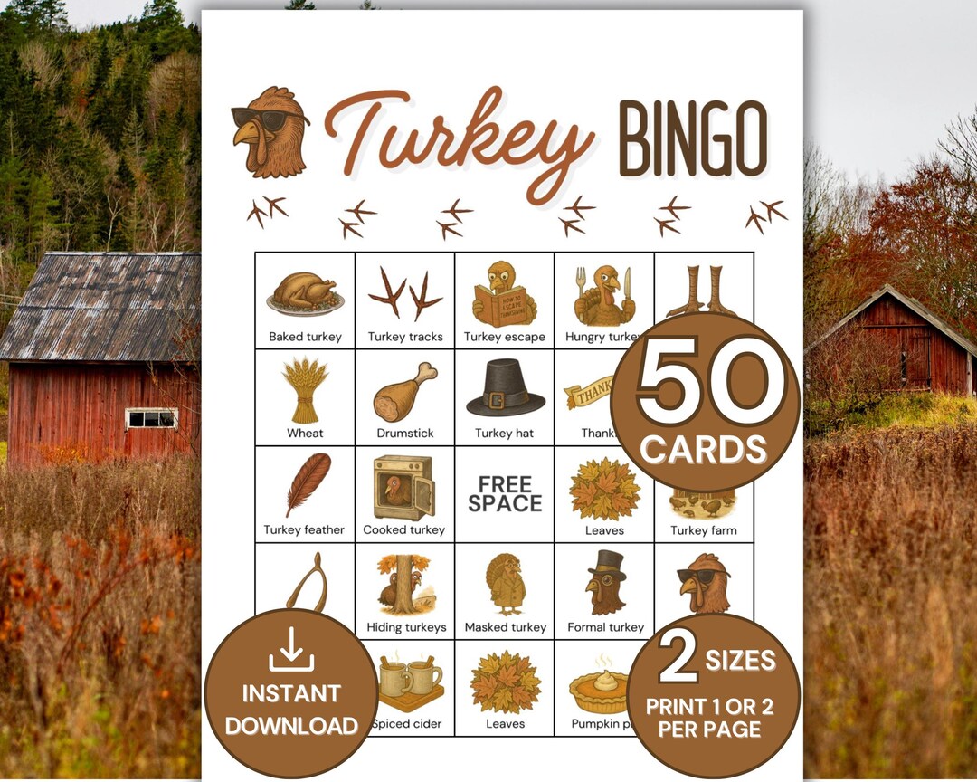 Turkey Bingo Game, 50 Printable Turkey Bingo Cards, Thanksgiving Bingo ...