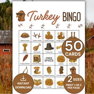 Turkey Bingo Game, 50 Printable Turkey Bingo Cards, Thanksgiving Bingo ...