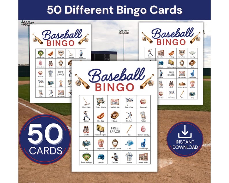 Baseball Bingo Game, 50 Printable Baseball Bingo Cards, Baseball Party ...