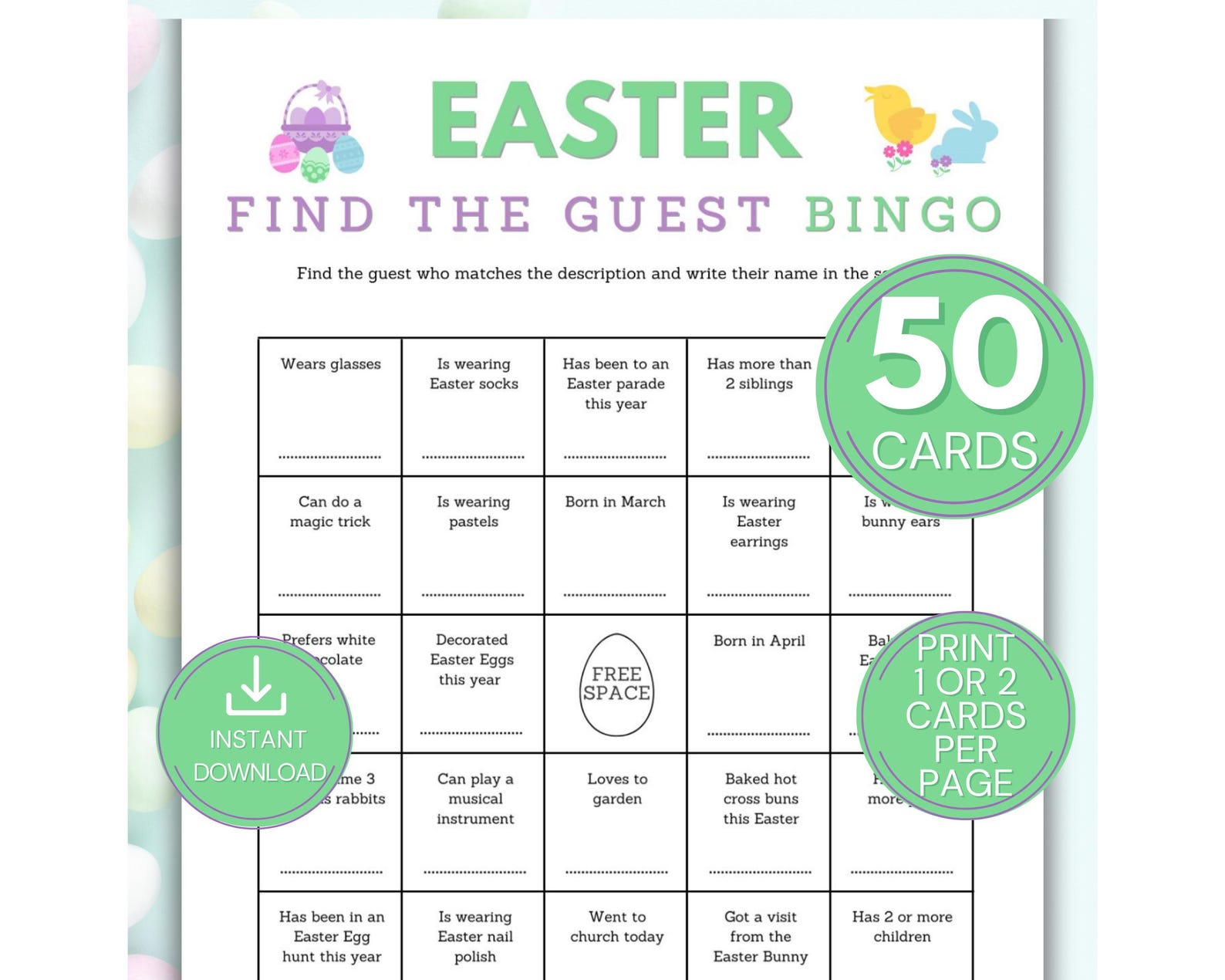 Find the Guest Bingo, 50 Printable Easter Mix and Mingle Bingo Cards ...