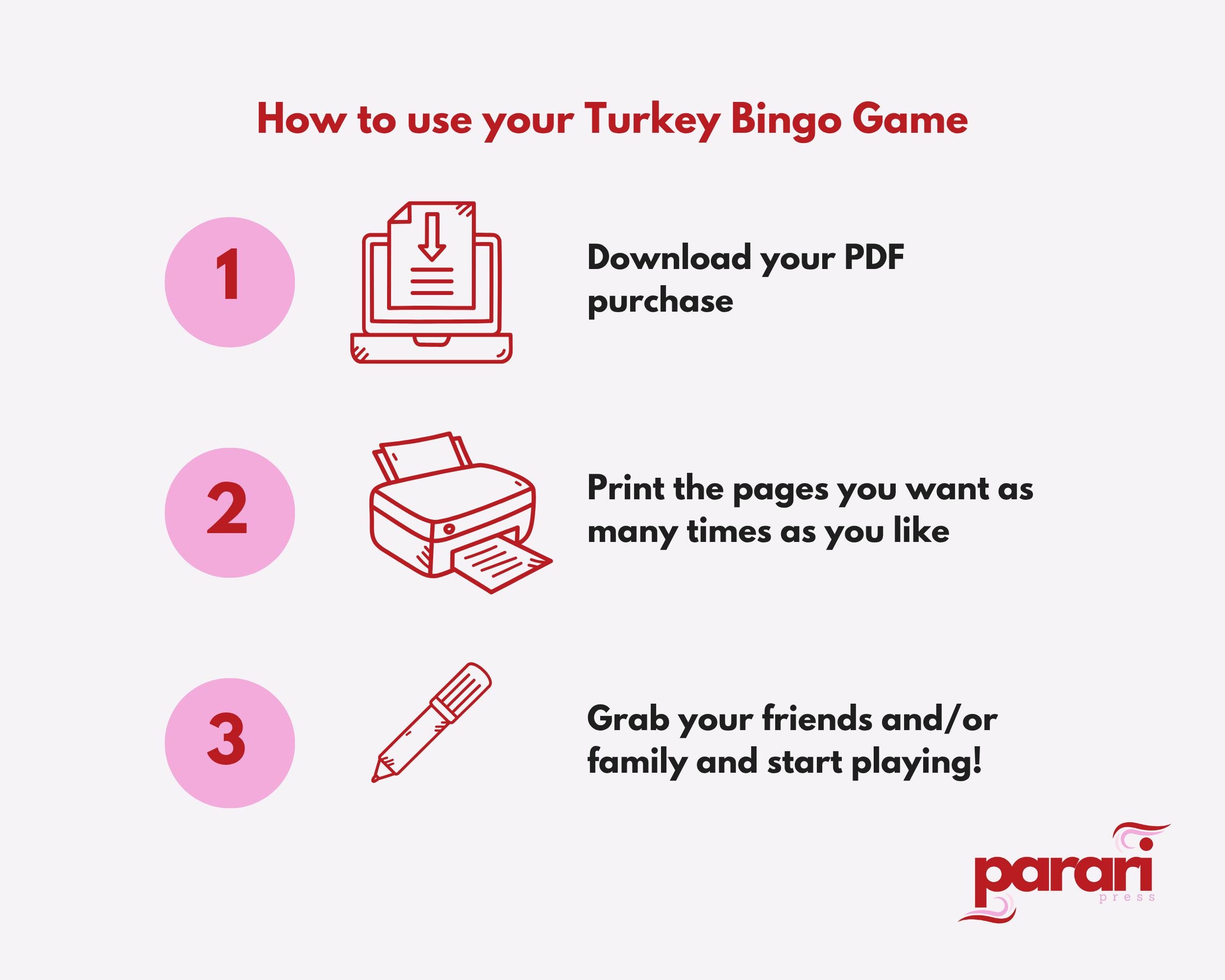 Turkey Bingo Game, 50 Printable Turkey Bingo Cards, Thanksgiving Bingo ...