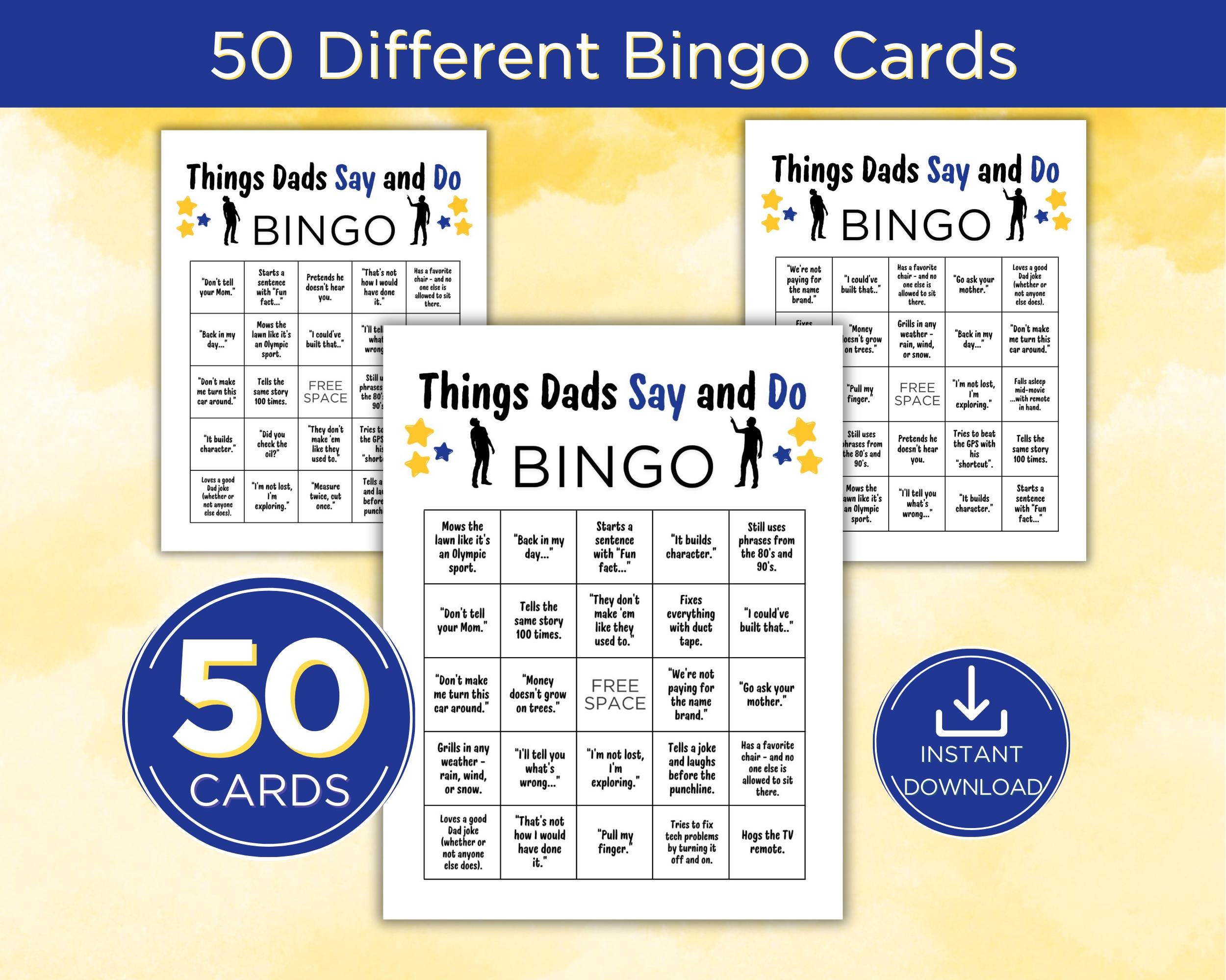 Father's Day Bingo Game, 50 Printable Bingo Card Set of Things Dads Say ...