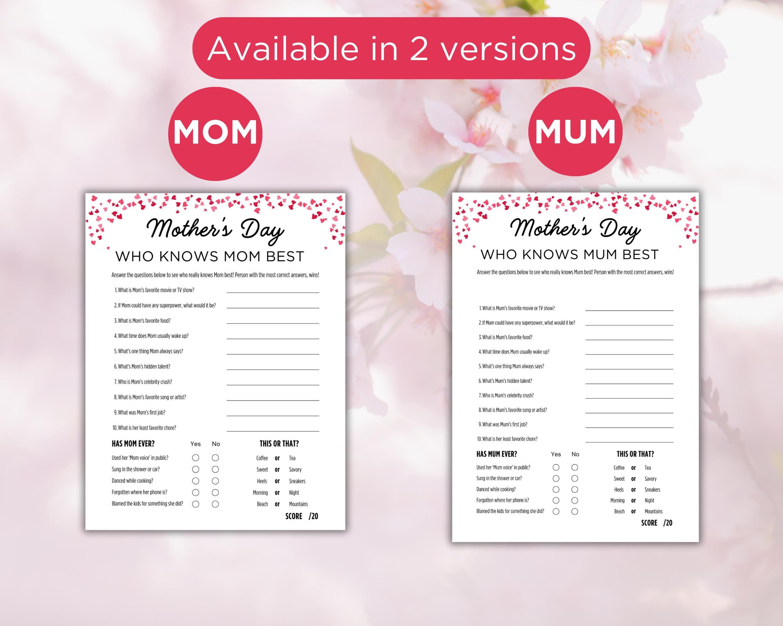 Mother's Day Game, Who Knows Mom Best Quiz, Printable Mother's Day ...