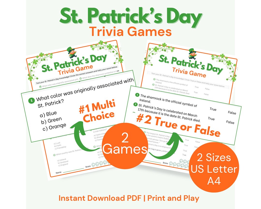 St Patricks Day Trivia Games Fun Printable Irish Party Game for Family ...