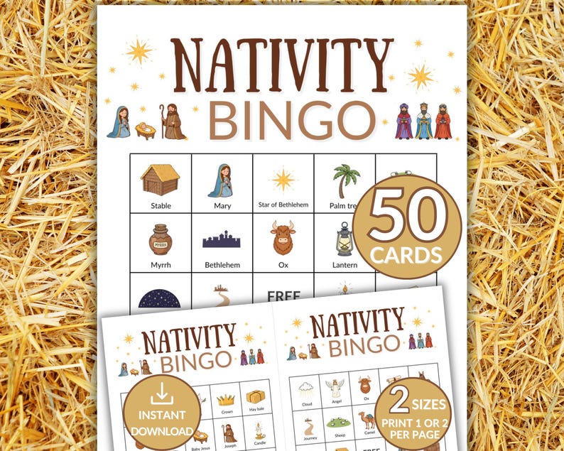 Nativity Bingo Game, 50 Printable Bible Bingo Cards, Sunday School Game ...