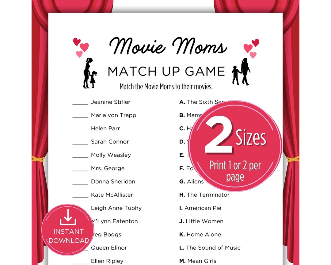 Movie Moms Match up Mother's Day Trivia Game, Printable Mothers Day ...