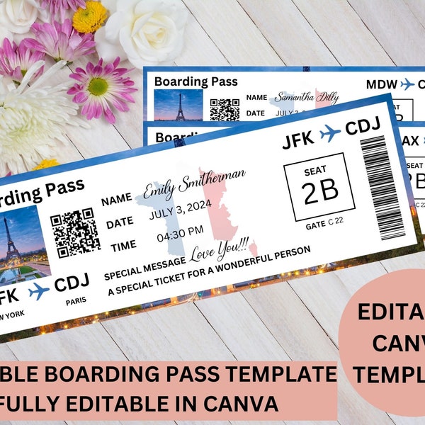 Editable Boarding Pass Canva Template, Printable Airline Ticket ...