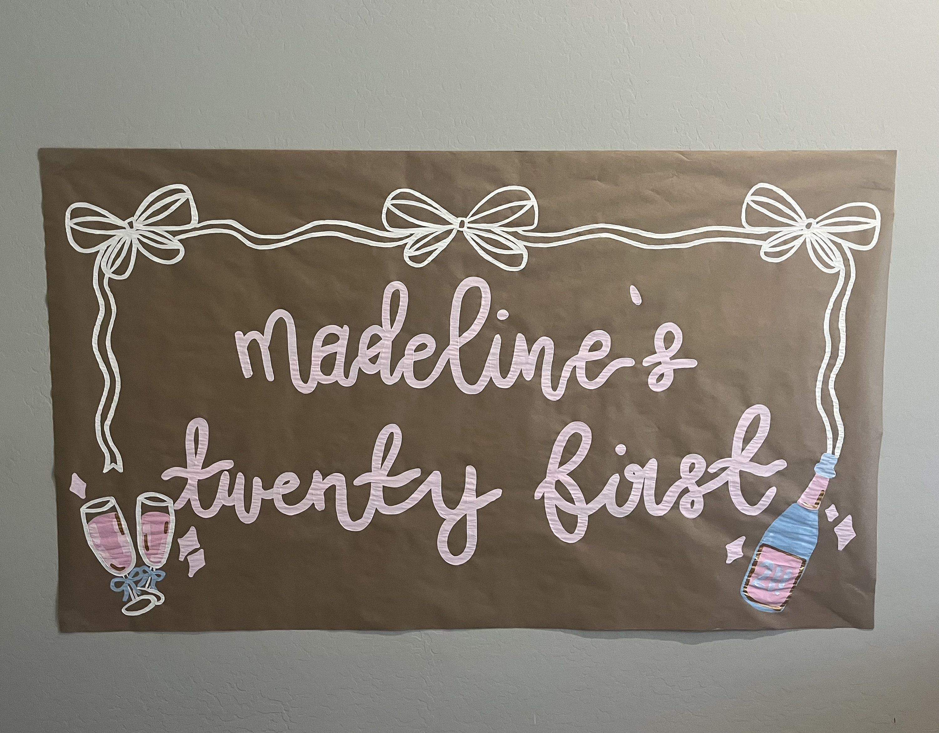 Twenty First Birthday Banner, Girly, Cute, Bows, Bow Banner, Champagne ...