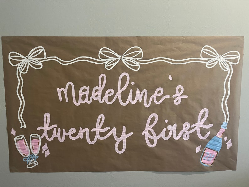 Twenty First Birthday Banner, Girly, Cute, Bows, Bow Banner, Champagne ...