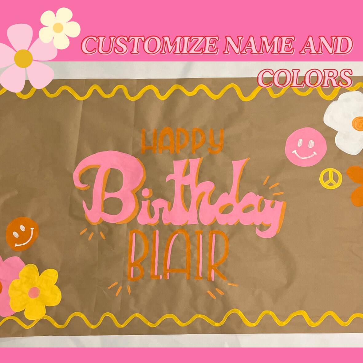 Happy Birthday Banner, Groovy Floral and Peace Sign Banner, Smiley ...