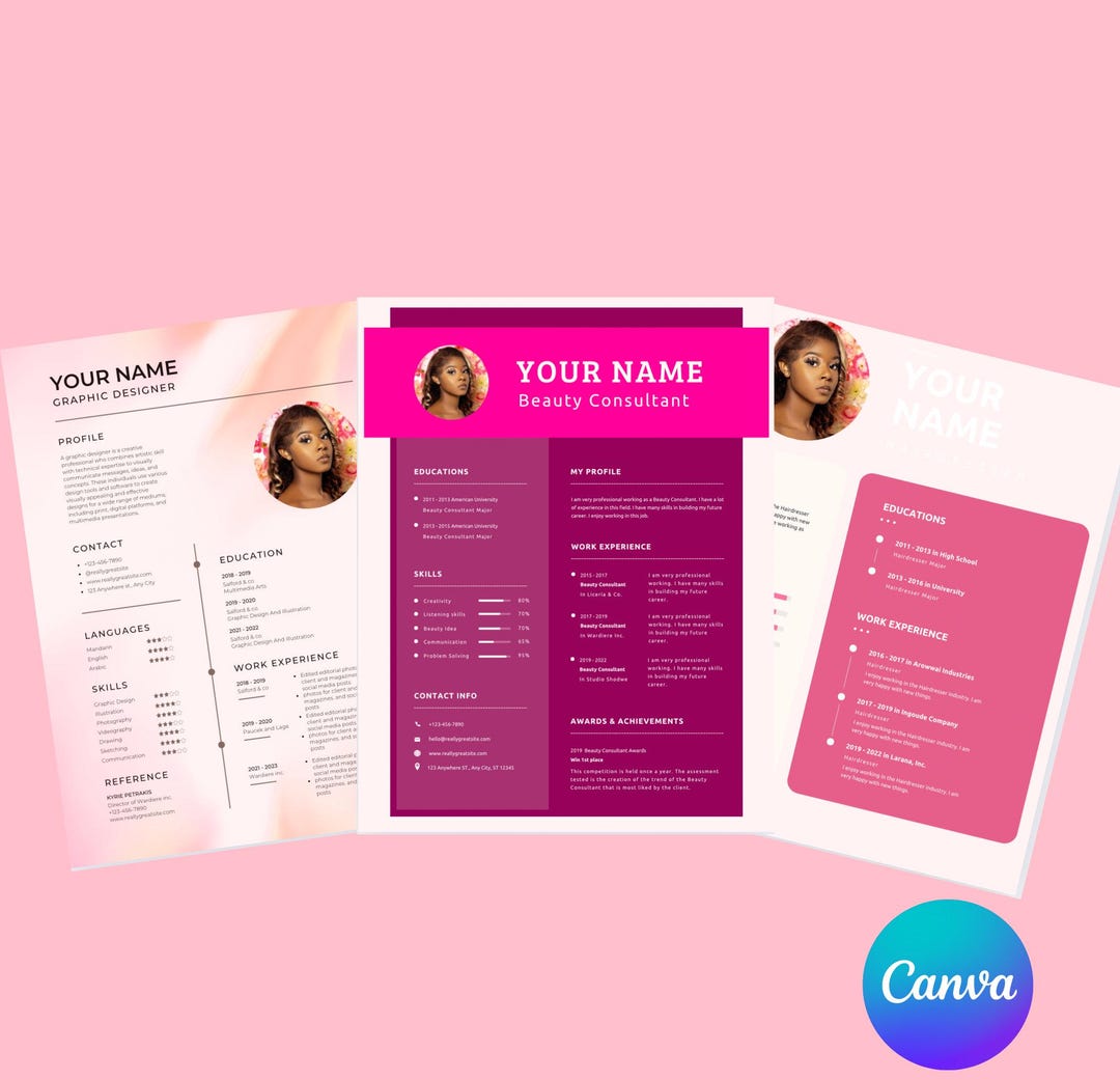 Pink Professional Resume Template for Canva & Cover Letter - Etsy