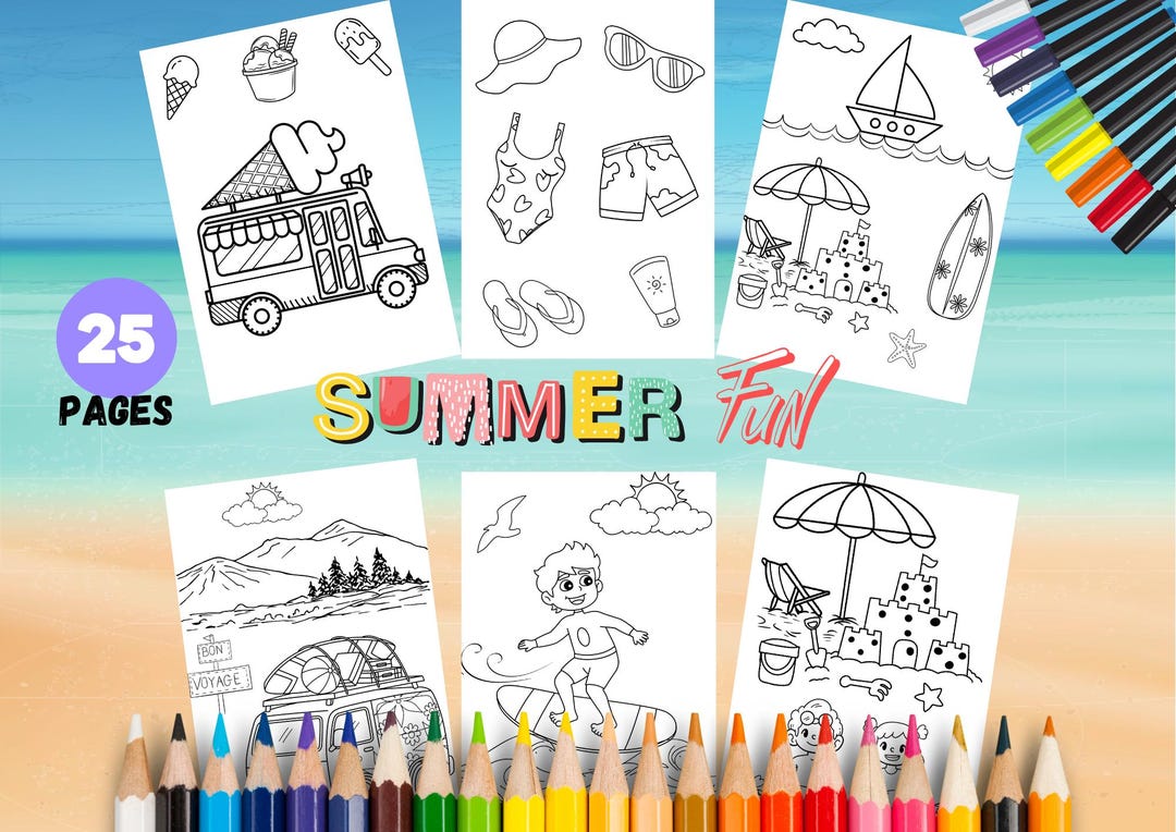 Summer Fun Coloring Book for Kids - 25 Digital Printable Coloring Pages ...