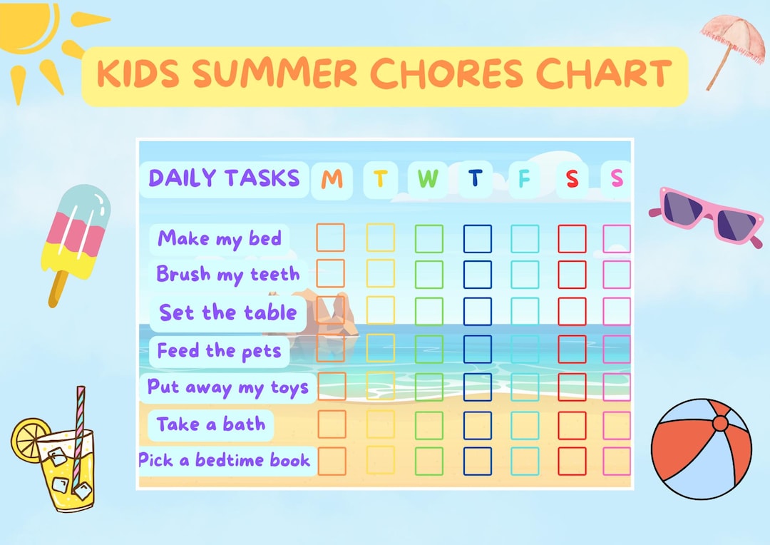 Kids Summer Chores Chart - Printable Kids Activities - Children Age 3 ...