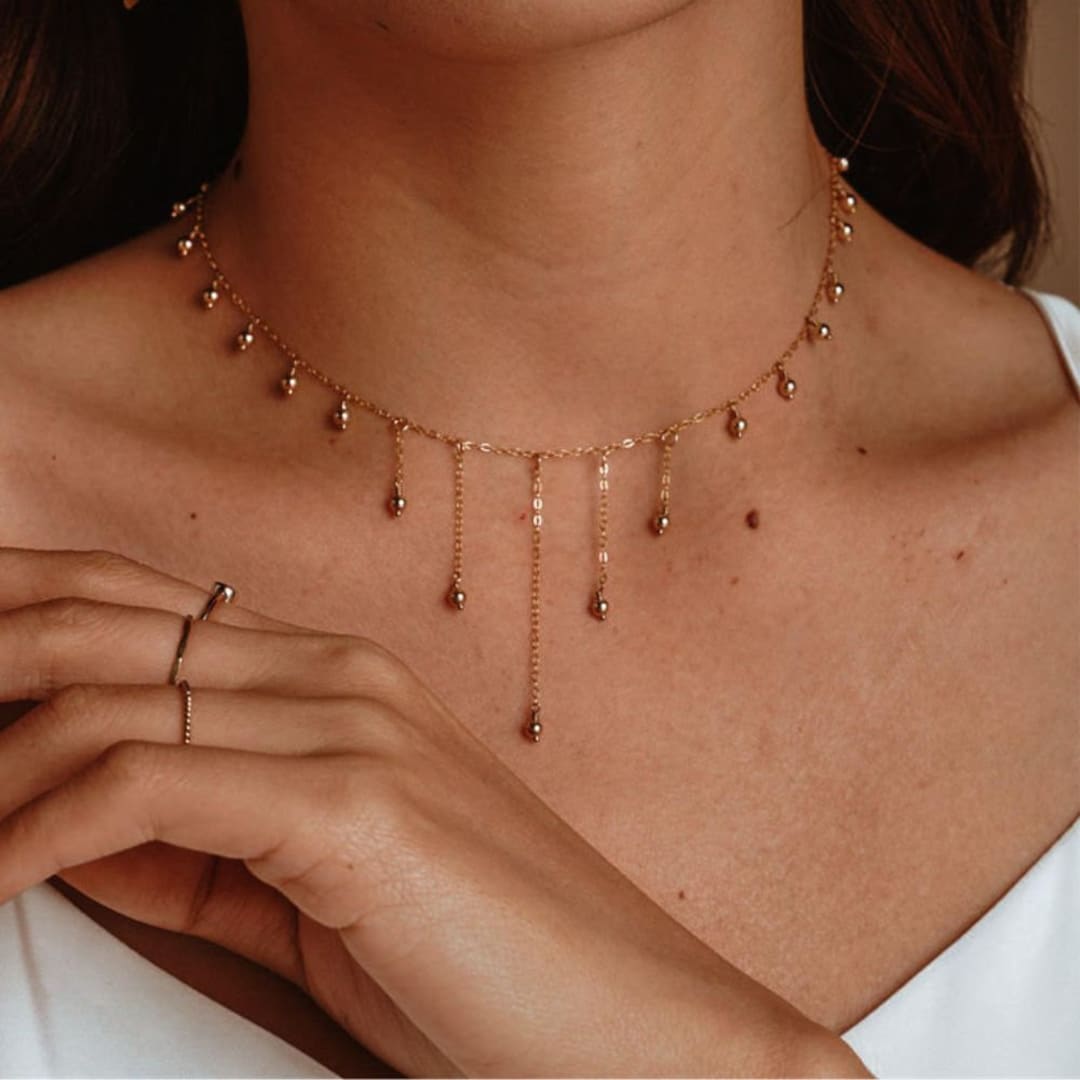 Gold Choker Necklace, Gold Beads Necklace, 14K Gold Filled, Link Chain ...