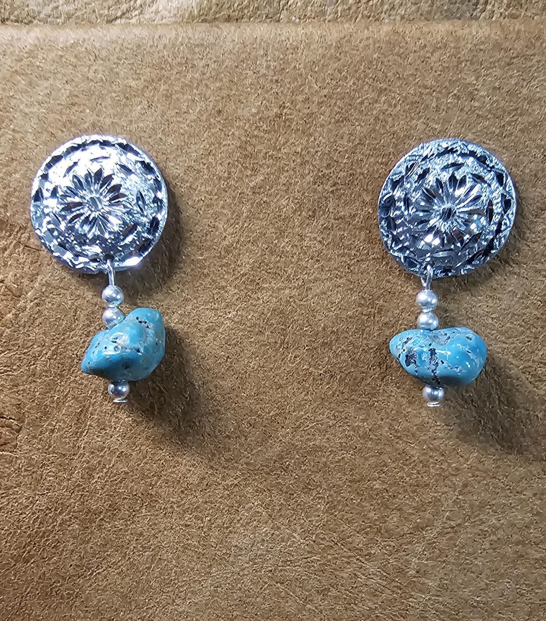 Silver Pewter Concha Earrings With Turquoise Drops - Etsy