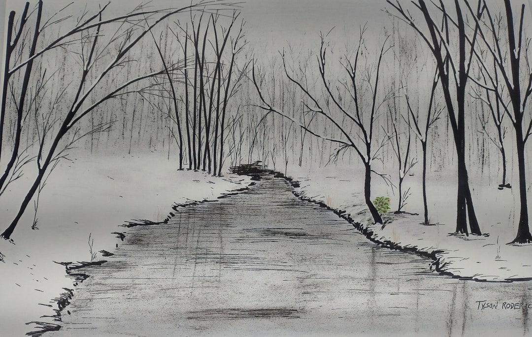 Snowy Frozen River in Winter With Trees and Shrub Ink Pen Pastel Art ...