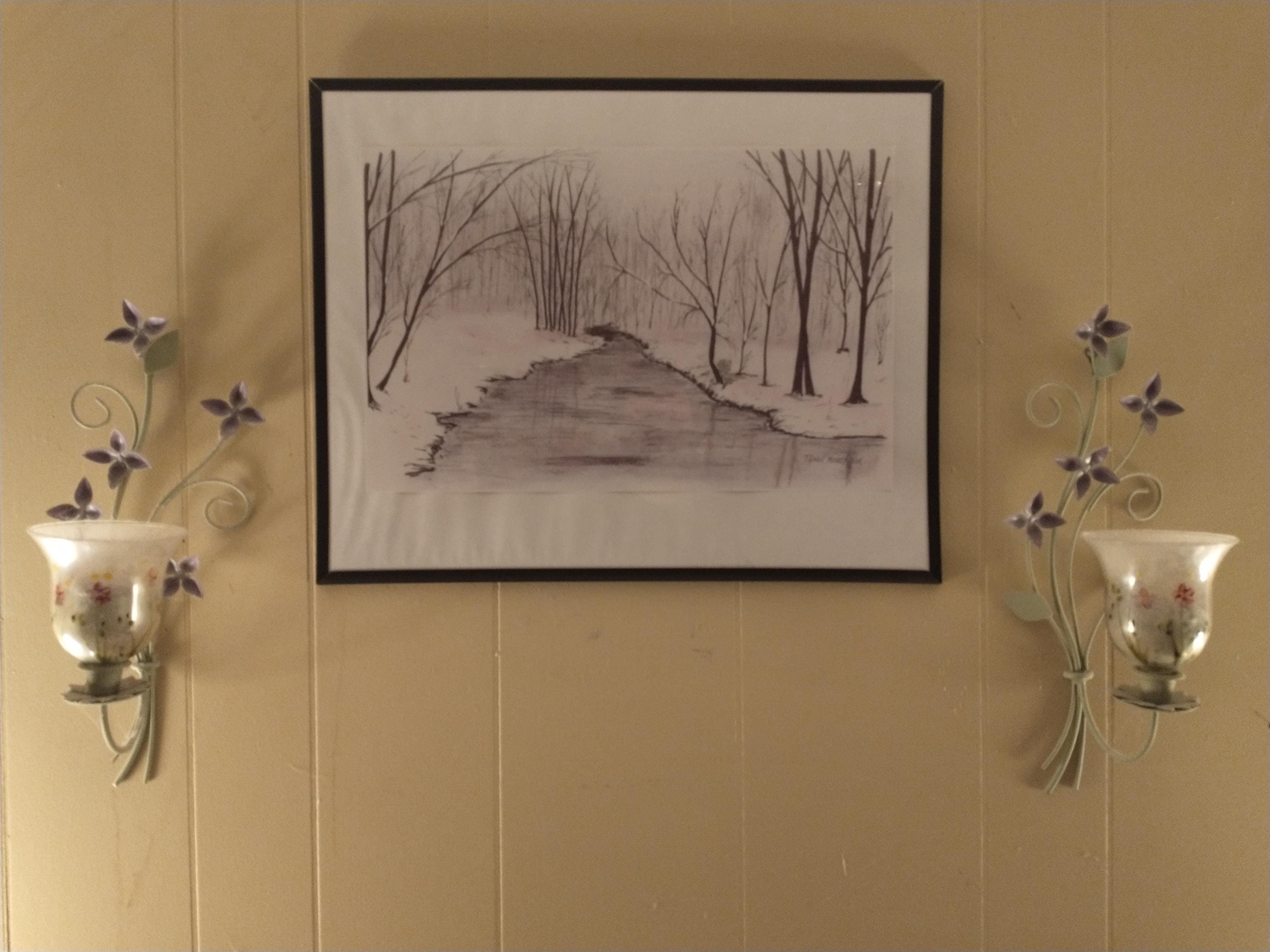Snowy Frozen River in Winter With Trees and Shrub Ink Pen Pastel Art ...
