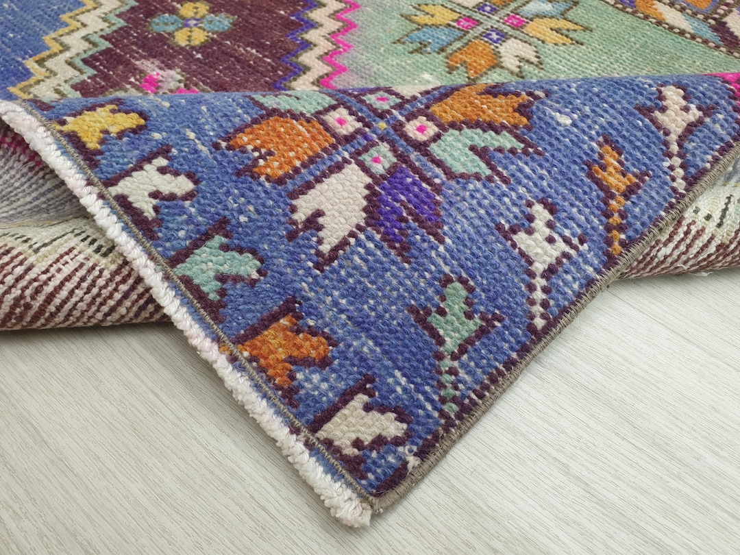 3x6 Blue Green Vintage Turkish Runner, Handmade Vintage Wool Rug, 3x6 ...