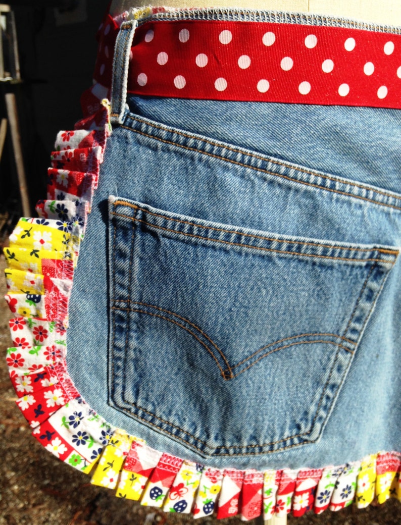 Upcycled Repurposed Blue Denim Half Apron With Funky Vintage - Etsy