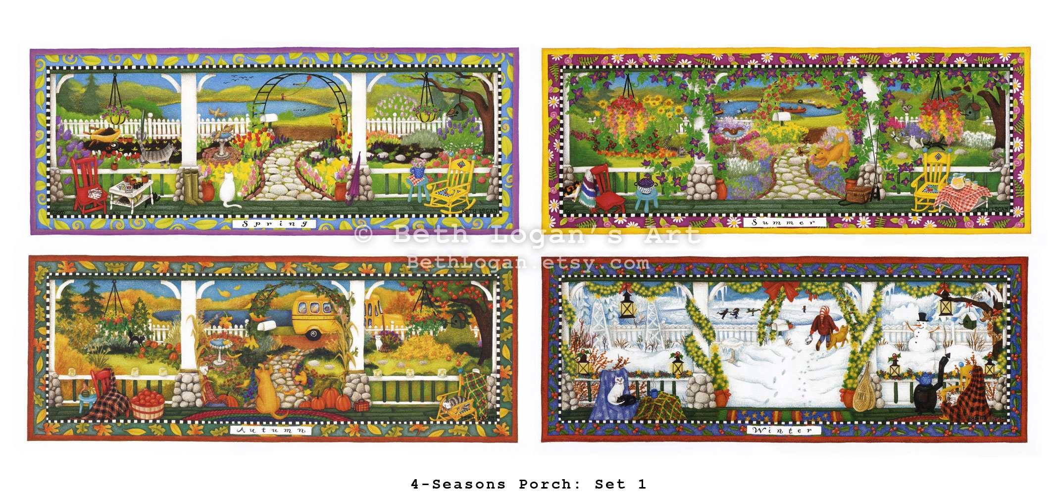 Four-seasons Porch Scene - 10x20" Lithograph Print - Two Sets: Your ...