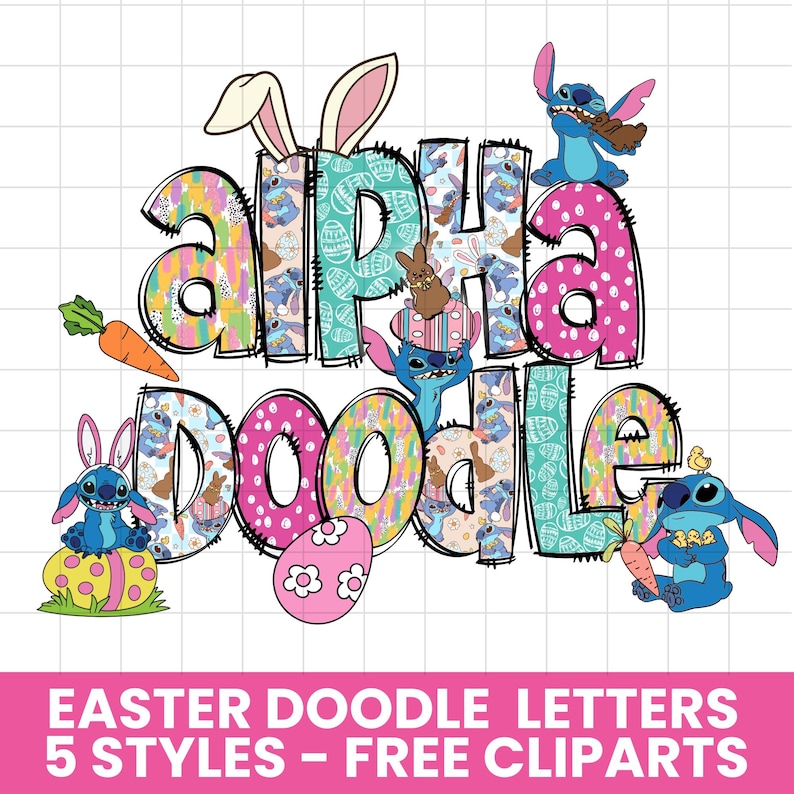 Stich Easter Alphabet Letters PNG Bundle, Blue Alien Cartoon Doodle ...
