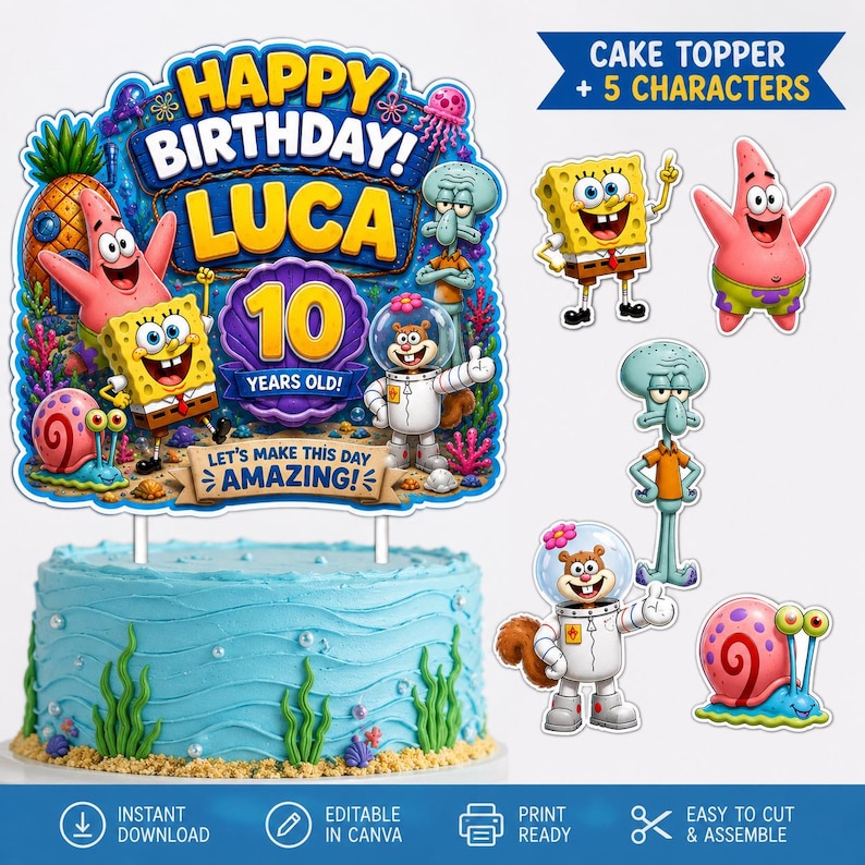 Sea Friends Birthday Cake Topper | Editable Party Decoration ...