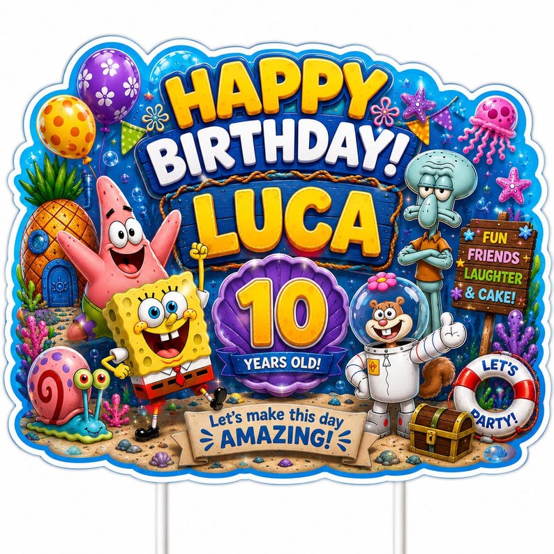 Sea Friends Birthday Cake Topper | Editable Party Decoration ...
