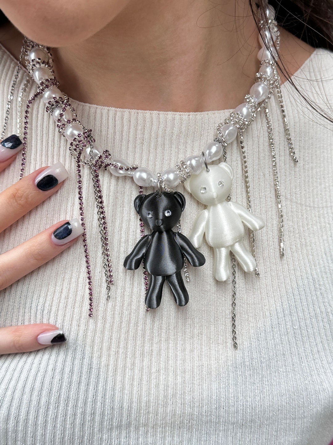 Pearl Choker Necklace yin Yang With 3D Printed Teddy Bears in White and ...