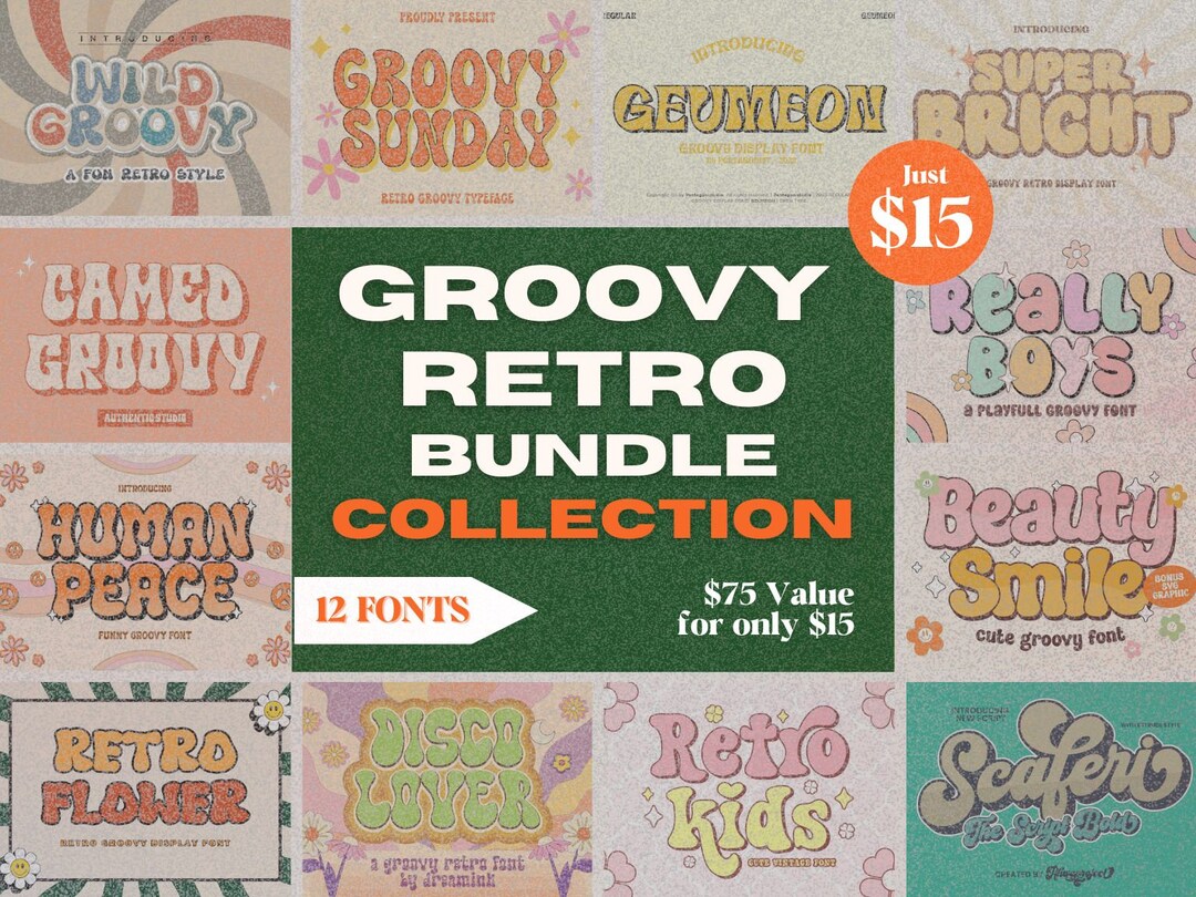 Groovy Retro Font Bundle Collection - Font Bundle, Cricut Font, Font ...