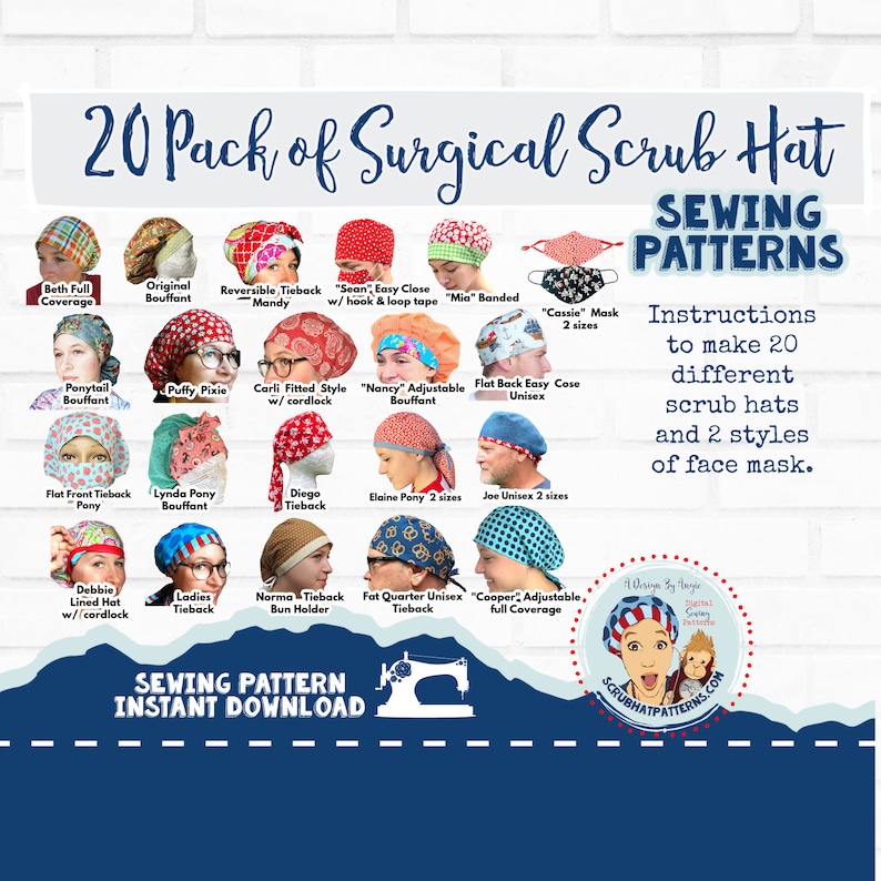Surgical Cap Sewing Pattern PDF 20 Pack Downloadable Sewing | Etsy