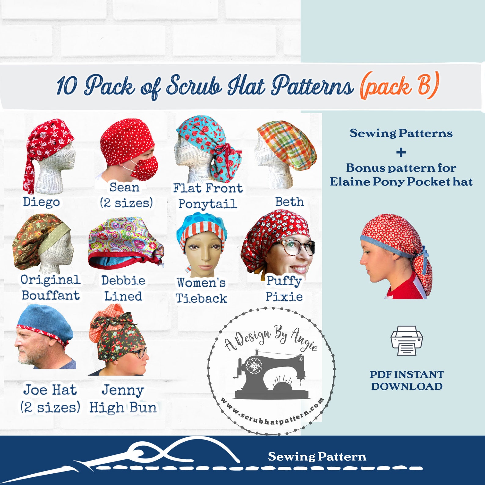 Scrub Cap Pattern 10 Pack PDF Sewing Instructions Bouffant Mens Tieback ...