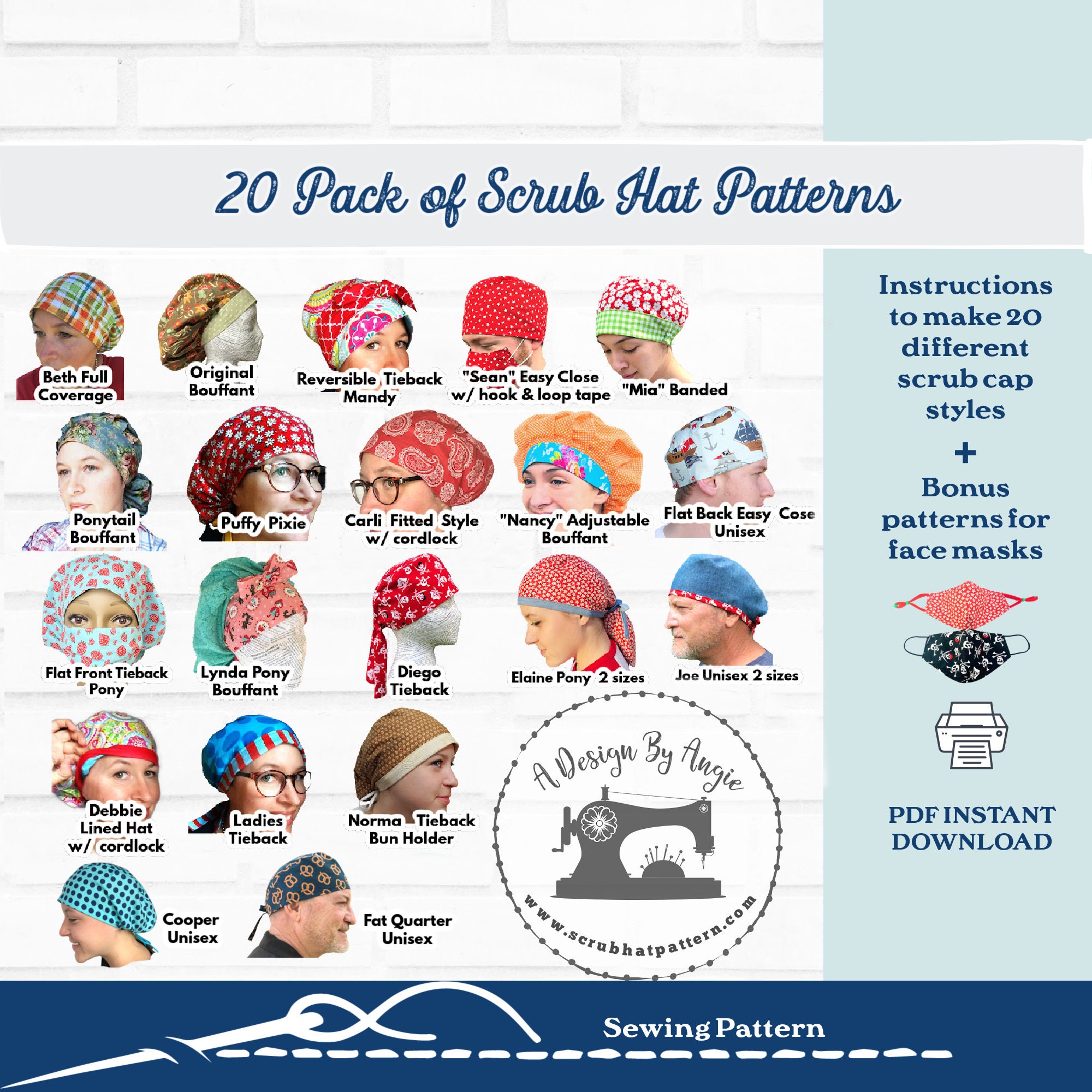 Scrub Hat Sewing Pattern 20 Pack DIY Downloadable PDF Sewing ...