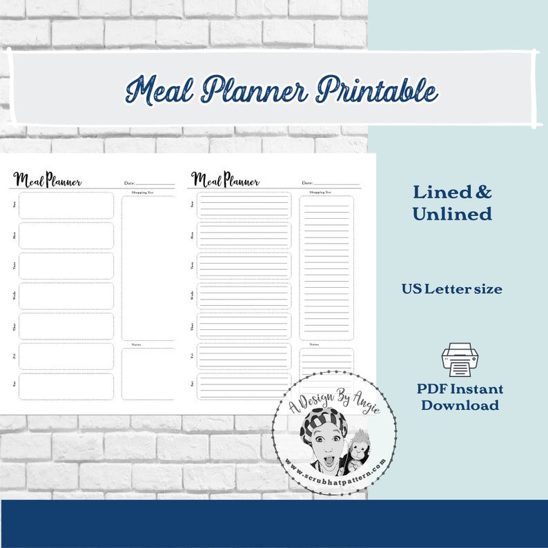 Meal Planner Printable Lined and Unlined Versions 8.5x11 US Letter Size ...