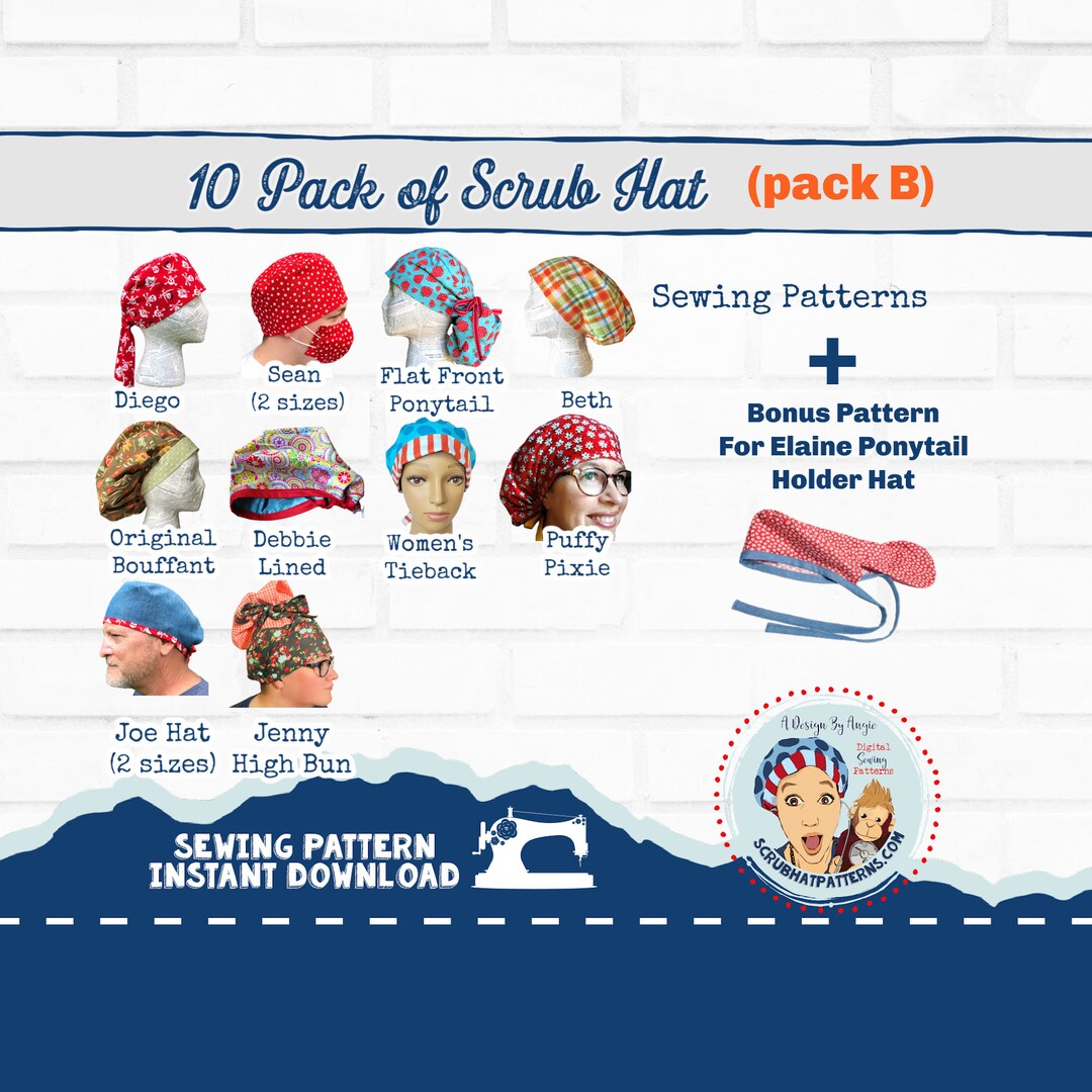 Scrub Cap Pattern 10 Pack PDF Sewing Instructions Bouffant Mens Tieback ...